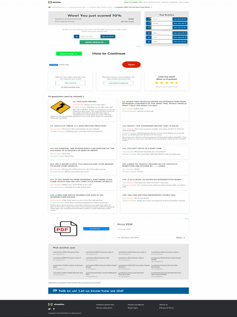 Louisiana DMV Driving Test Cheat Sheet 2024 ANSWERS | PDF