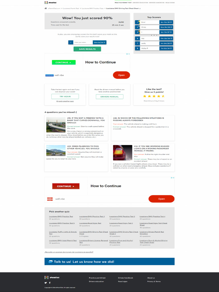 Louisiana DMV Driving Test Cheat Sheet 2024 ANSWERS | PDF