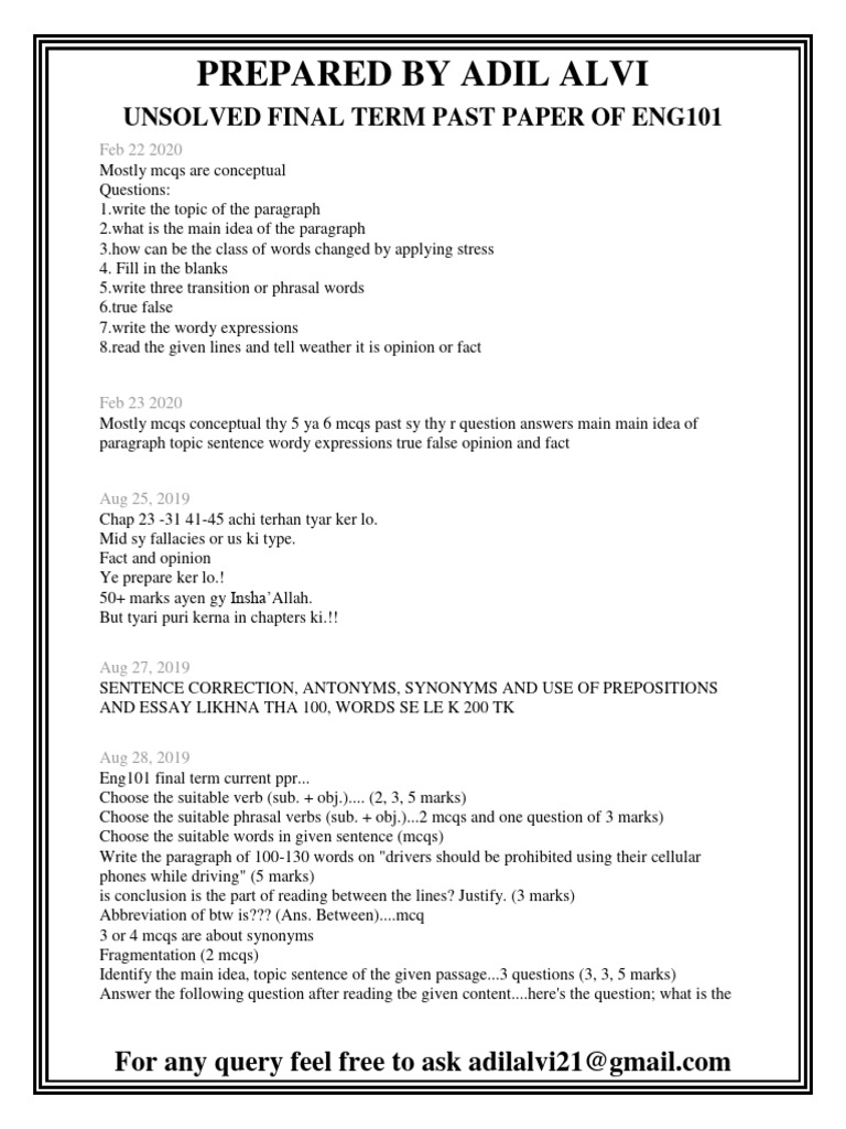 Eng101 Final Term Unsolved Past Papers | PDF | Grammar | Syntax