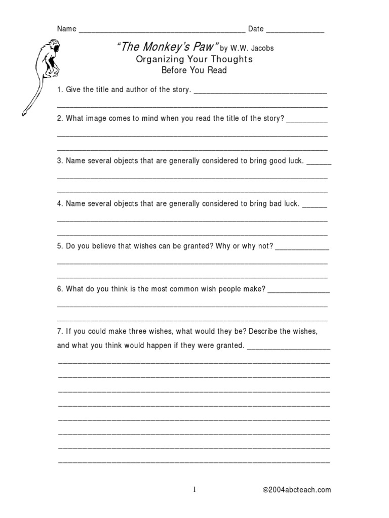 Monkey's Paw Worksheet | PDF | Thought | Cognition