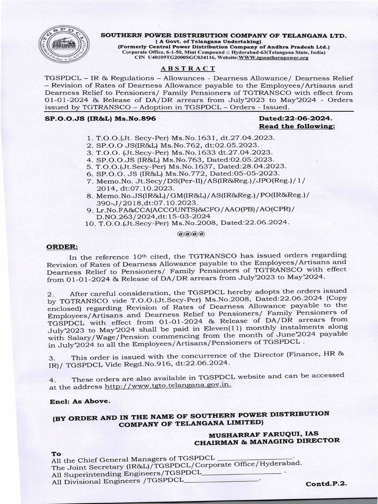 DA Revision Orders for TGSPDCL Employees | PDF | Factor Income ...