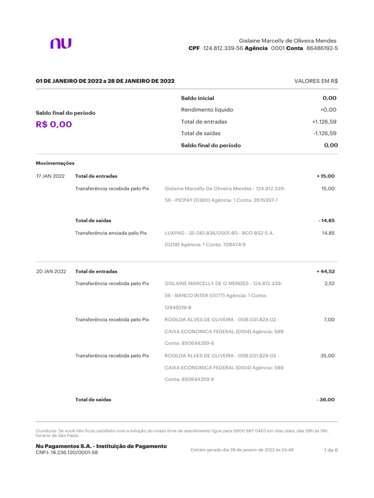 Extrato Bancario Nu Bank Editavel em PDF | PDF | Bancos | Serviços ...