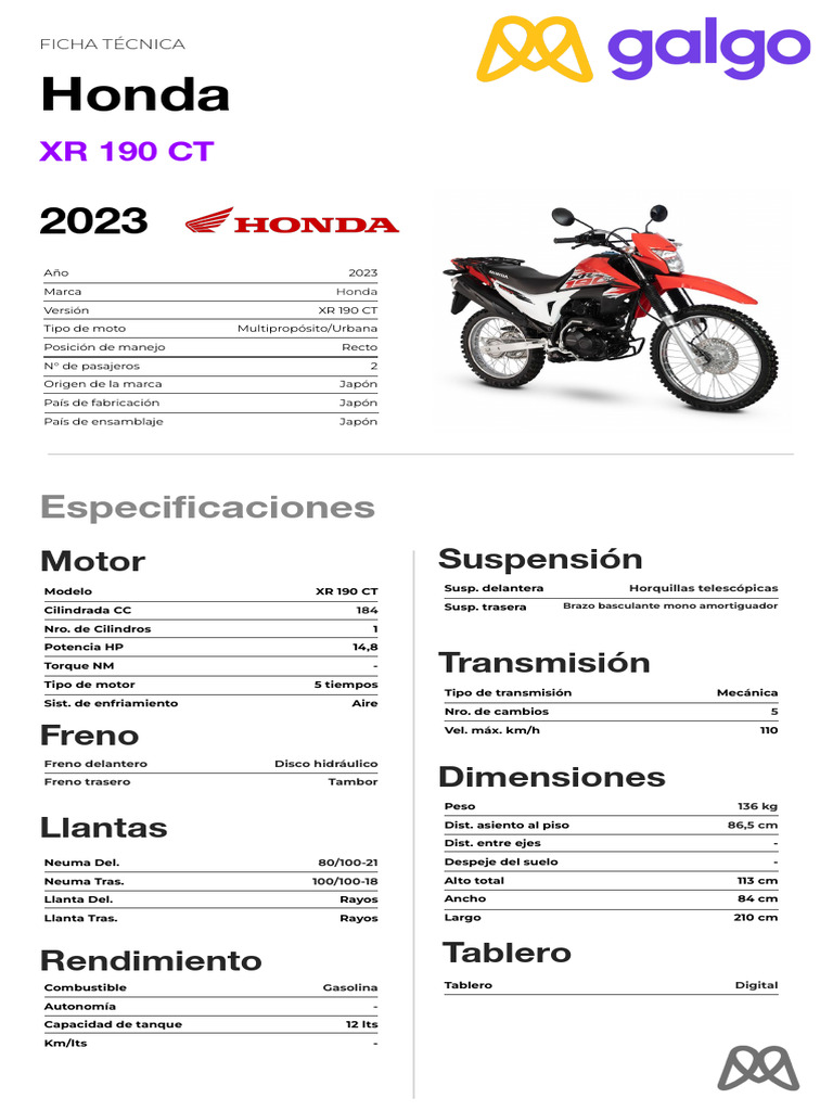 Ficha T Cnica Honda XR 190 CT Galgo Per 1 | PDF | Industria automotriz | Vehículos terrestres