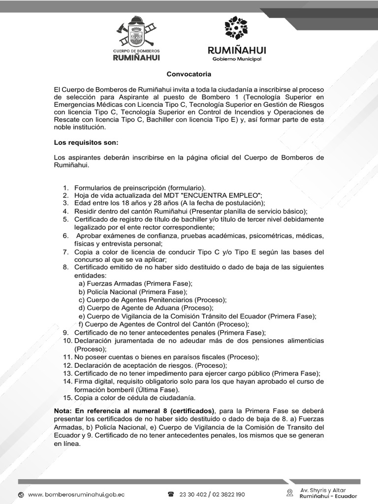 Convocatoria y Requisitos 08 de Julio 2024 Bombero 1 1 | PDF | Bombero ...