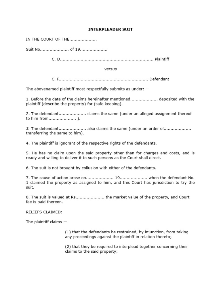 Interpleader Suit | PDF | Lawsuit | Civil Law (Common Law)