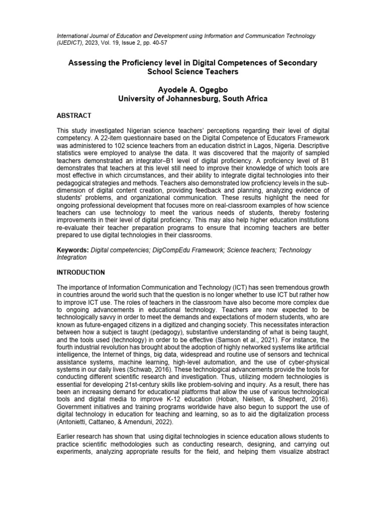 Assessing The Proficiency Level in Digital Competences of Secondary | PDF | Educational ...