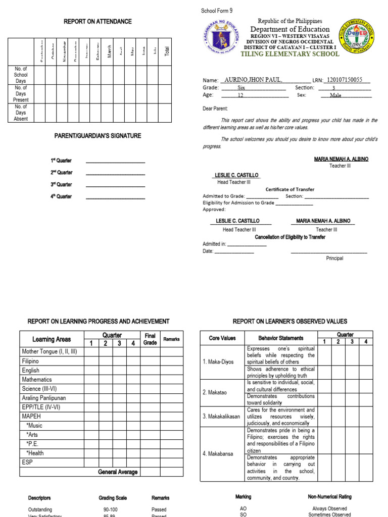 DepEd SF 9 K 10 | PDF | Behavioural Sciences