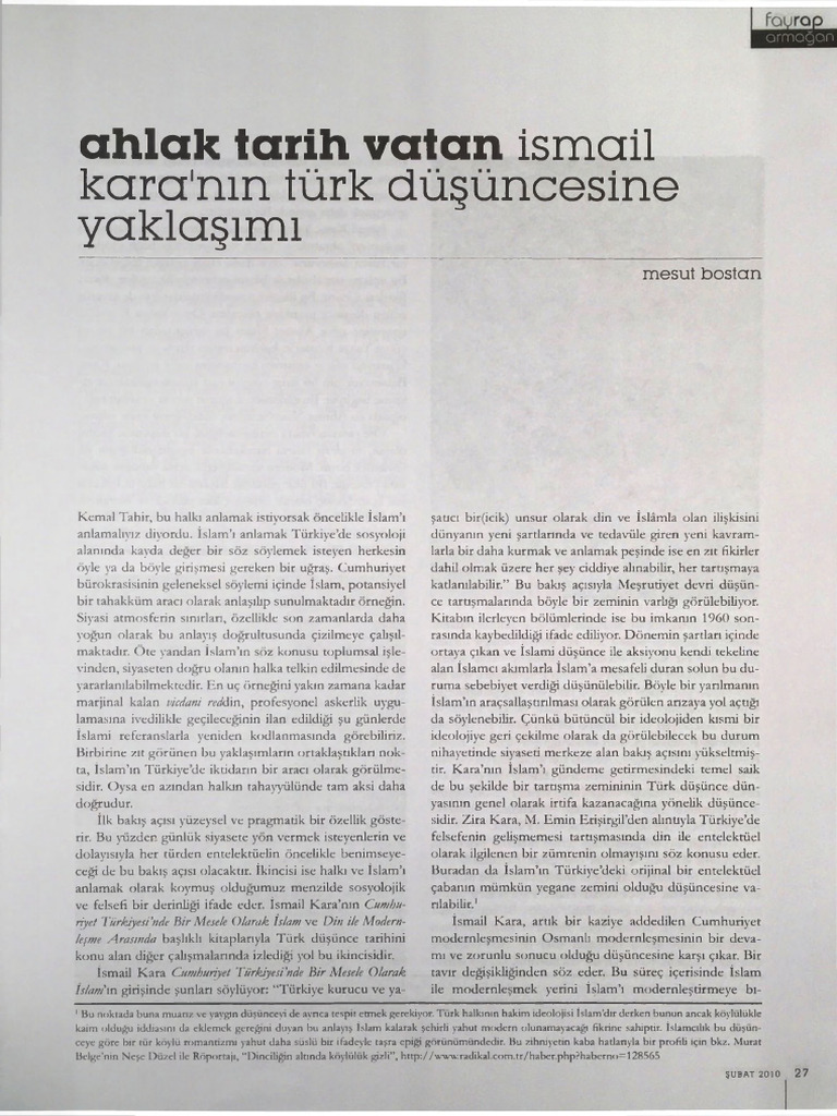 Ahlak Tarih Vatan İsmail Kara'nın Türk Düşüncesine Yaklaşımı | PDF