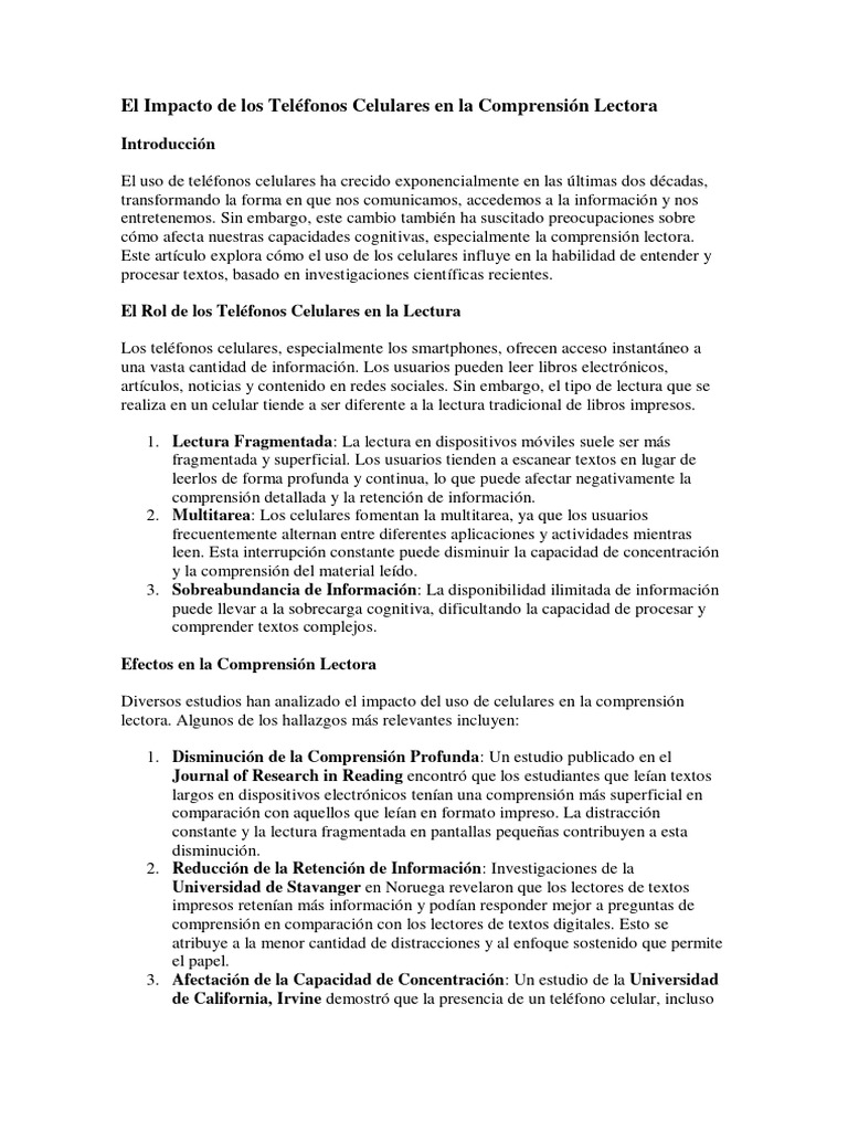 Impacto Celular en Comprensión Lectora | PDF | Teléfonos móviles ...