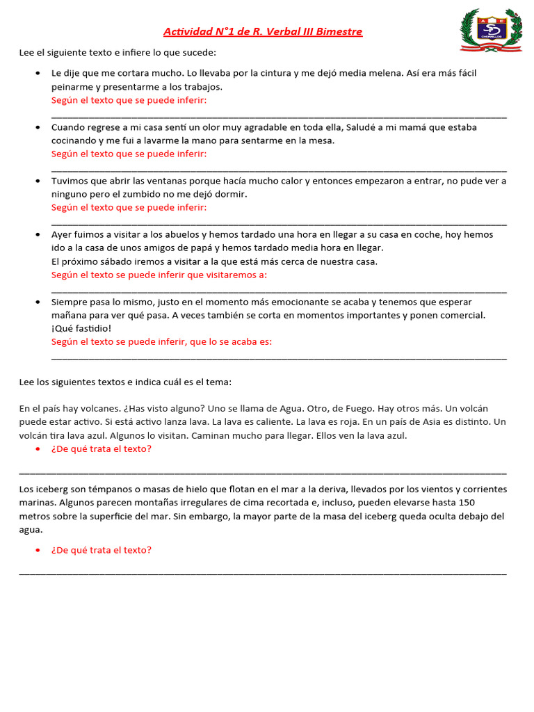 Actividad N1 5to Grado R. Verbal III Bimestre | PDF