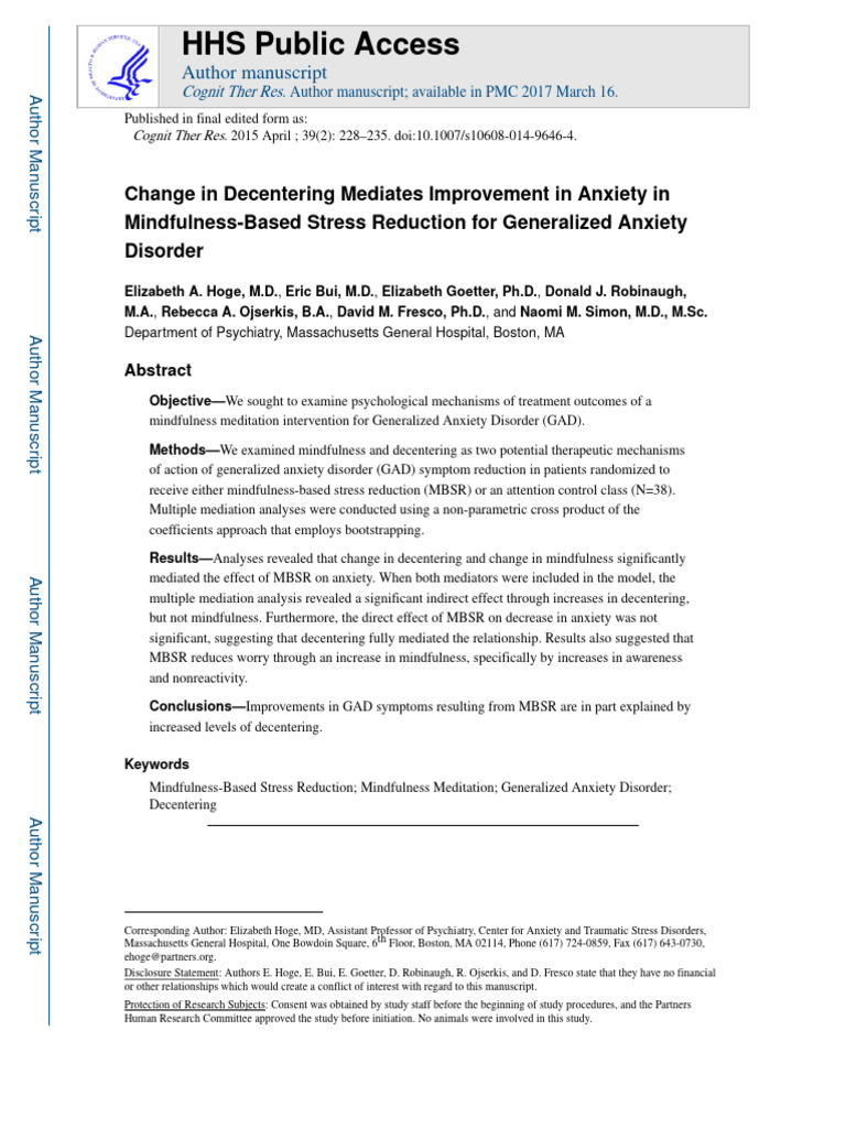 Decentering | PDF | Mindfulness | Generalized Anxiety Disorder