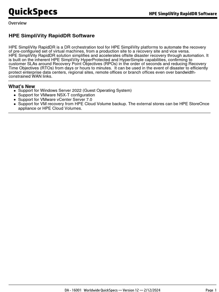 HPE SimpliVity RapidDR Software | PDF | Cloud Computing | Disaster Recovery