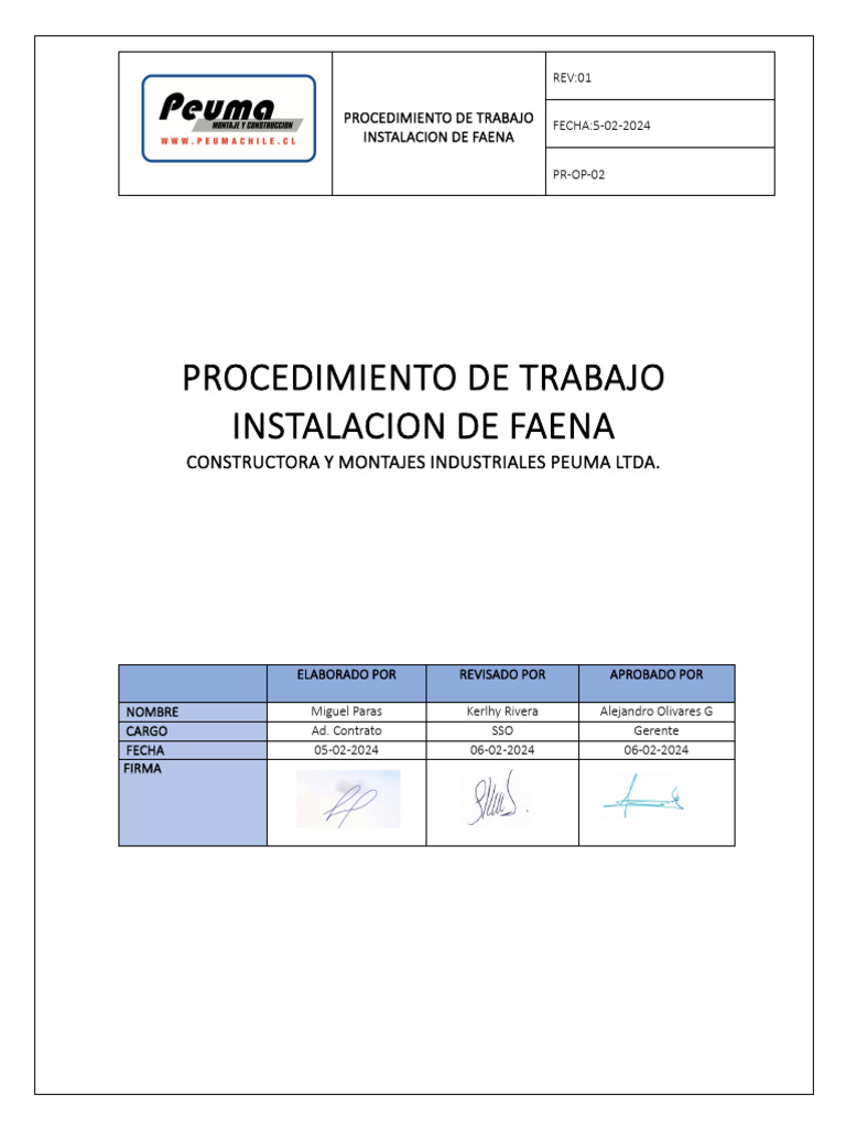 Procedimiento de Trabajo Instalacion de Faena. | PDF | Sistema de manejo de calidad