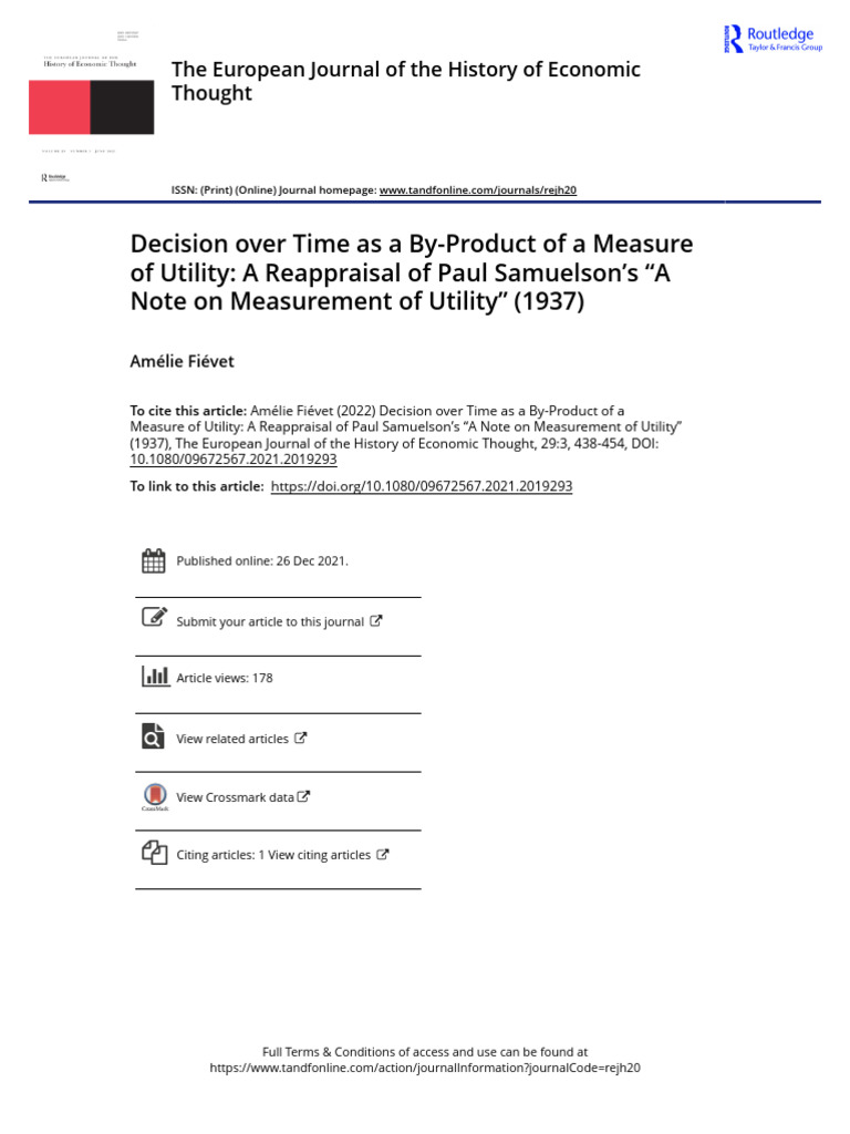 Decision Over Time As A By-Product of A Measure of Utility A Reappraisal of Paul Samuelson S A ...