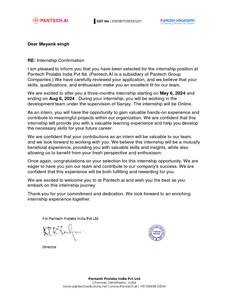 My Ai ML Internship Later | PDF