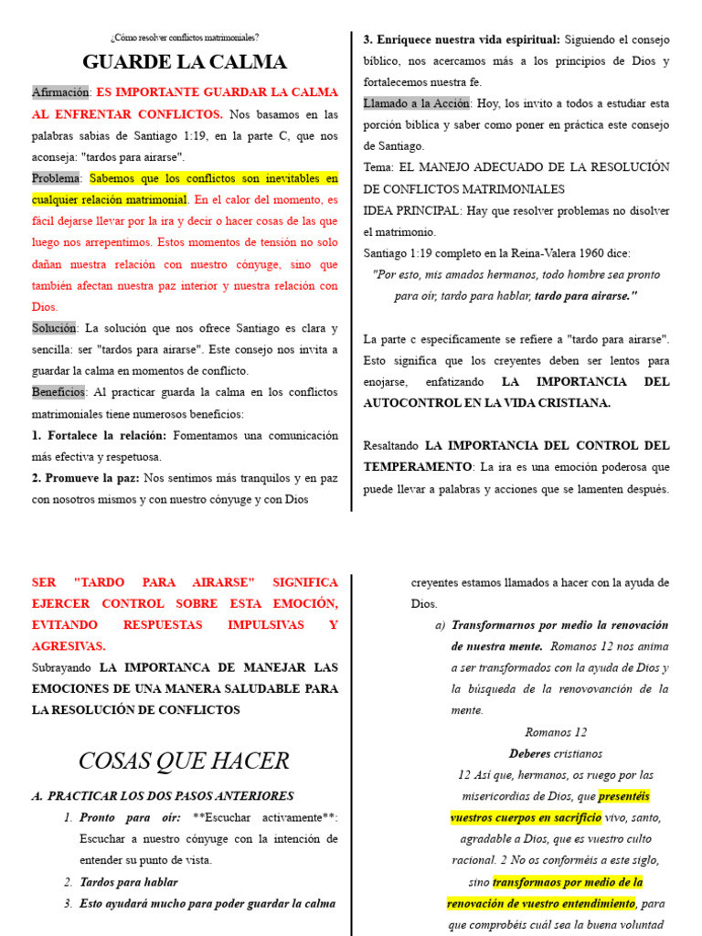 GUARDE LA CALMA Cómo Resolver Conflictos Matrimoniales (Dos en Una Pagina) | PDF | Amor | Matrimonio