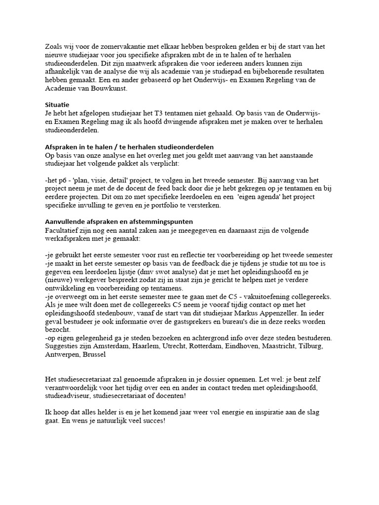 T Niet Gehaald - Opzet Brief Afspraken | PDF