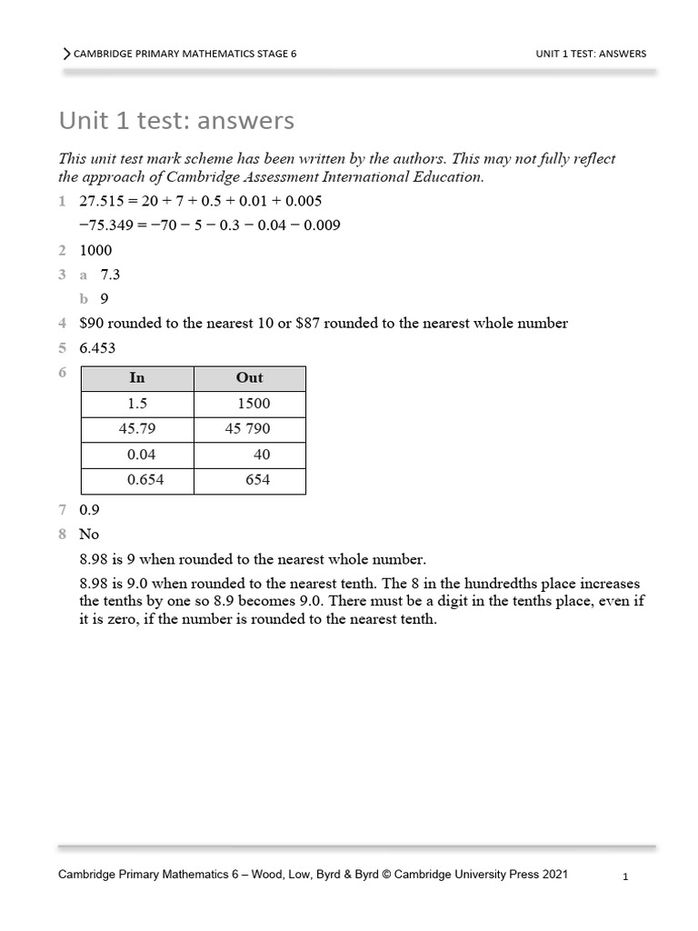 Cambridge Primary Maths Stage 6 Unit 1 Answers | PDF | Teaching Methods ...