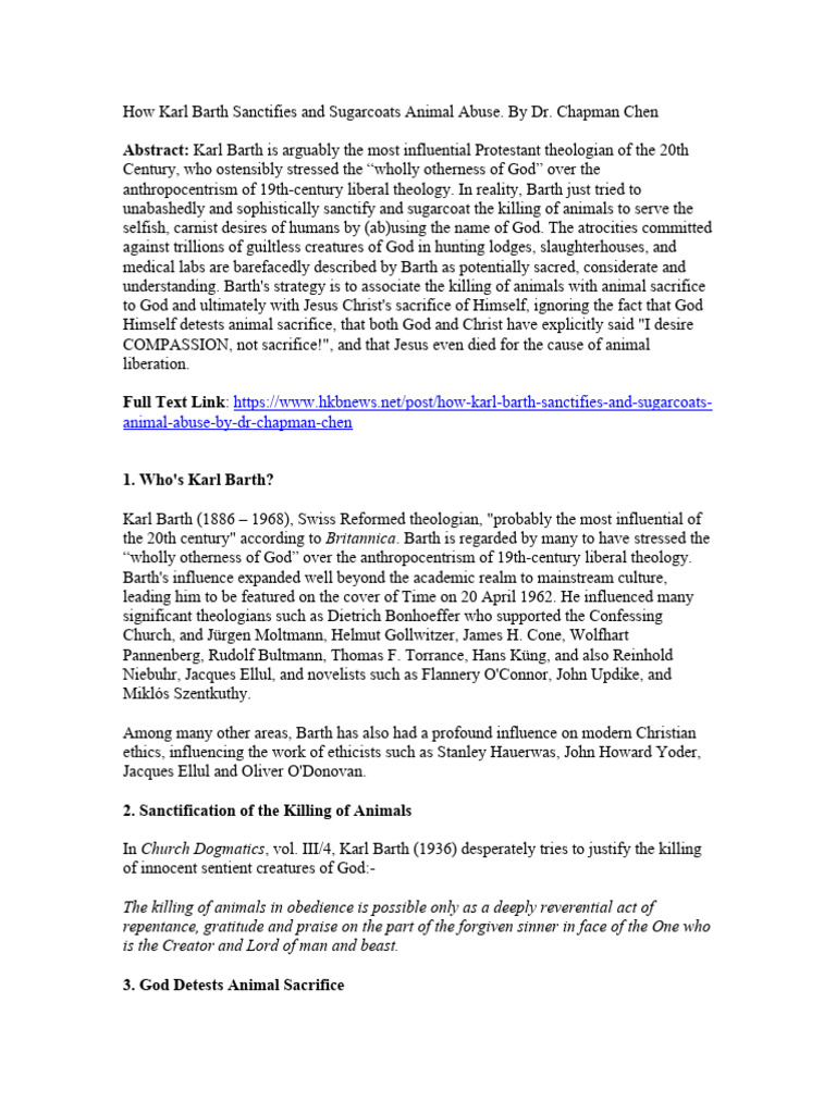 How Karl Barth Sanctifies and Sugarcoats Animal Abuse by Dr. Chapman ...