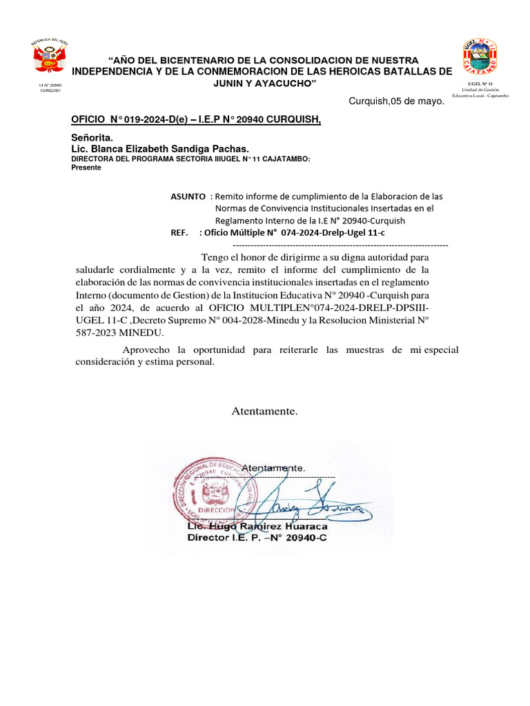 Oficio #019 - Remito Informe de Norma de Convivencia Institucional. | PDF