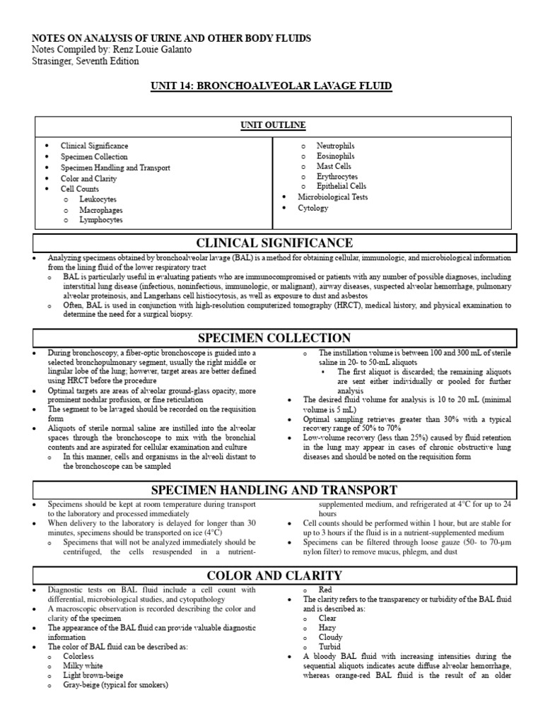 Bronchoalveolar Lavage Fluid Analysis | PDF | Pneumonia | Lung