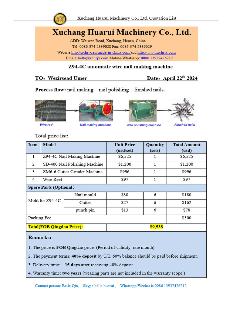 Quotation of Z94-4C Nail Making Machine - Huarui, Bella (2024!04!21 18-01-25) | PDF | Home & Garden