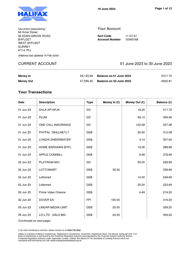 Halifax Bank Statement June 2023 | PDF | Banks | Private Sector