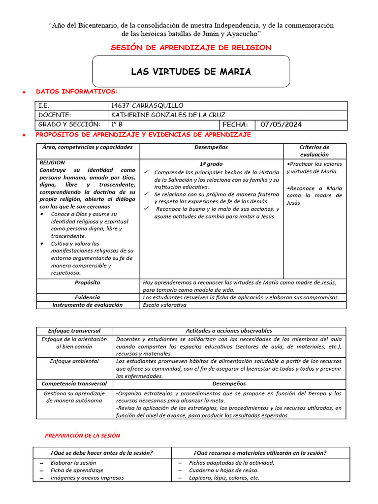 1º U2 S5 SESION D2 RELIGION LAS VIRTUDES DE MARIA MAESTRAS DE PRIMARIA DEL PERU | Descargar ...
