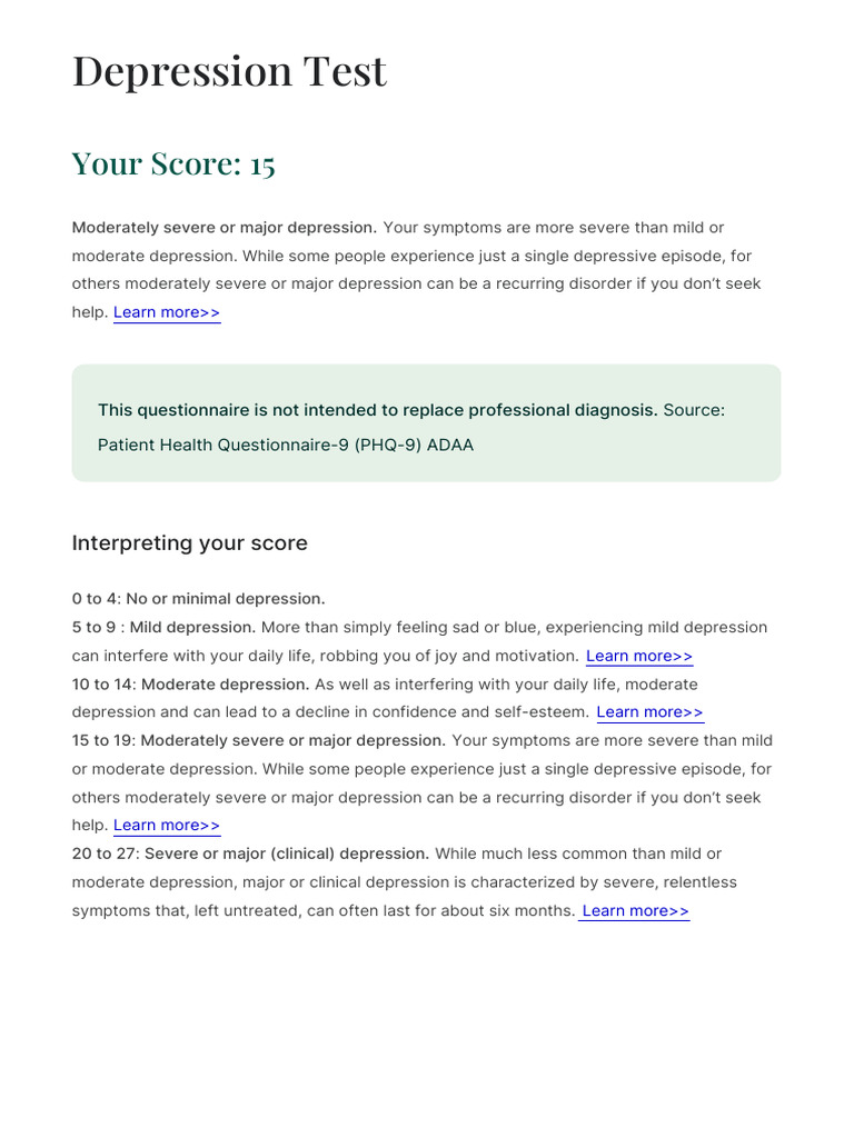 Depression Test | PDF | Major Depressive Disorder | Mental Health