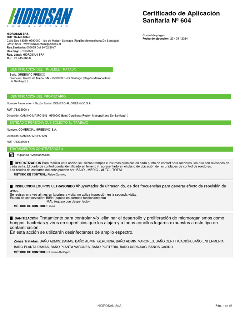 Certificado - de - Servicio - GREENVIC FRESCO 604 | PDF | Naturaleza | Zoología