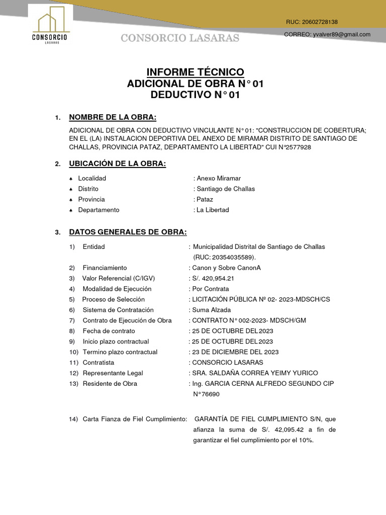 Informe Tecnico de Adicional Con Deductivo de Obra | PDF | Presupuesto | Acero