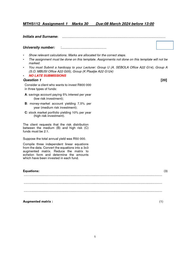MTHS112 Assignment 1 2024 | PDF | Matrix (Mathematics) | Algebra