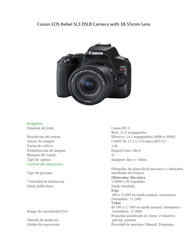 Canon EOS Rebel SL3 DSLR Camera With 18 | PDF | Exposición (fotografía) | USB