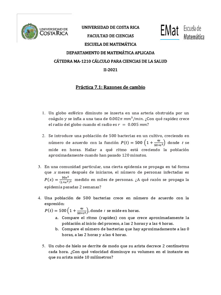 Práctica #7.2 MA1210 (II Ciclo-2021) Razones de Cambio | PDF | Velocidad