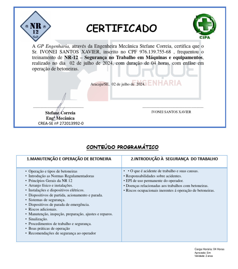 Certificado de Treinamento de NR 12 para Betoneira | PDF
