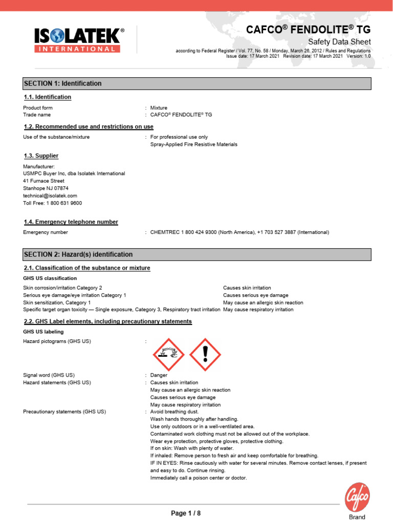 Cafco Promat Cemento SDS - I - Cafco Fendolite TG US SDS EN 210317 ...