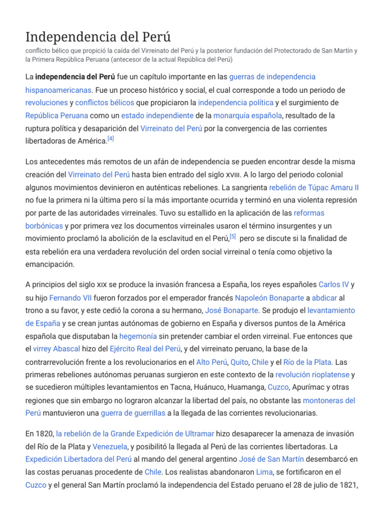 Independencia Del Perú - Wikipedia, La Enciclopedia Libre | PDF | Perú ...