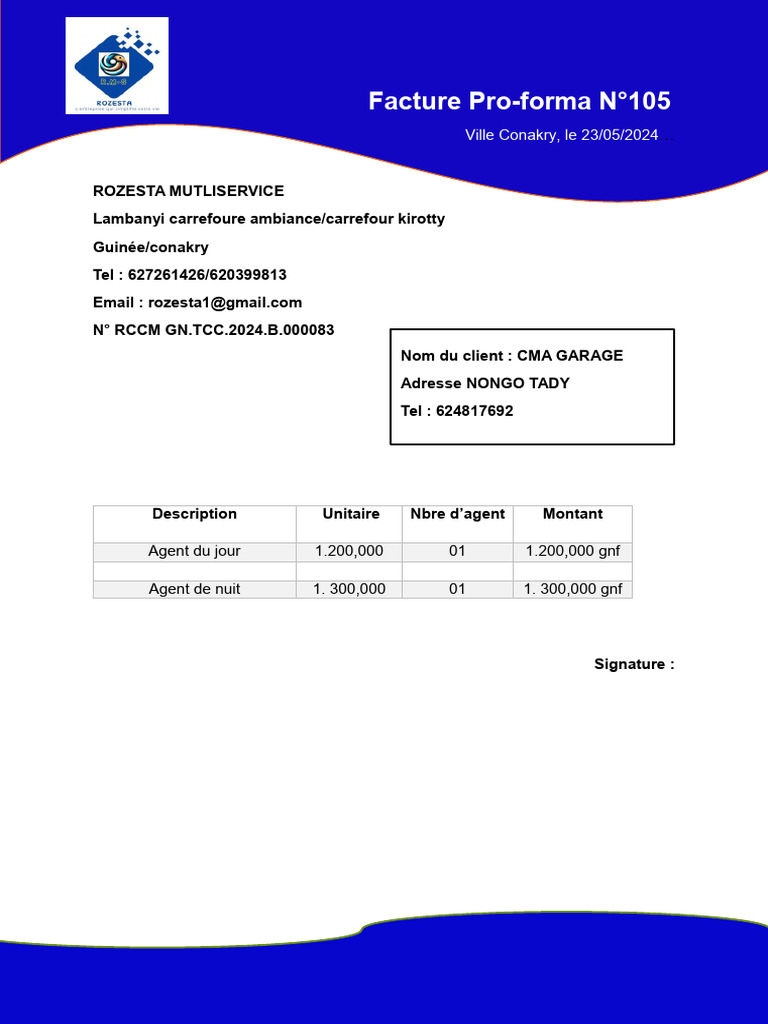 Facture Pro-forma N°105 pour CMA Garage | PDF | Affaires | Finance et ...