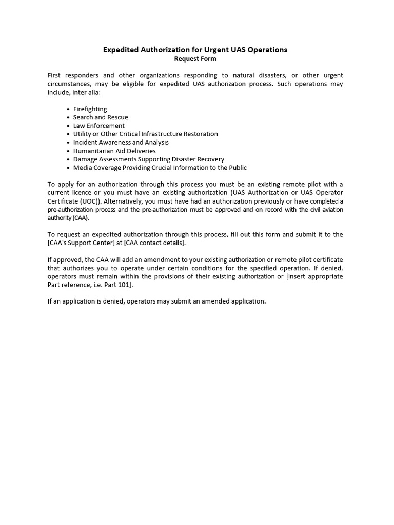 Expedited UAS Authorization Request Form | PDF | Aviation Safety | Aviation
