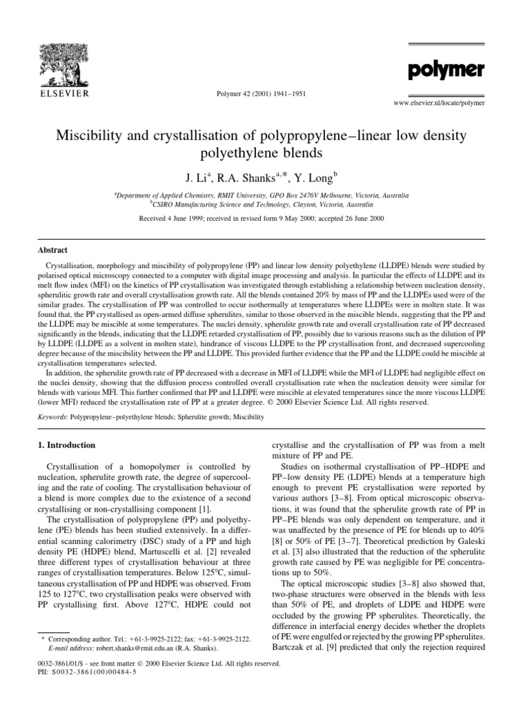 Miscibility and Crystallisation of Polypropylene-Linear Low Density PE ...