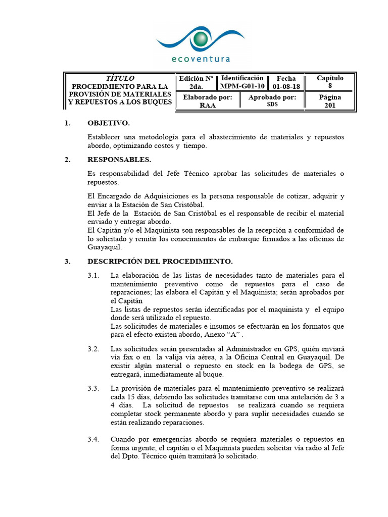Viii - MPM-G01-10 Procedimiento para La Provisión de Materiales y Repuestos A Los Buques | PDF