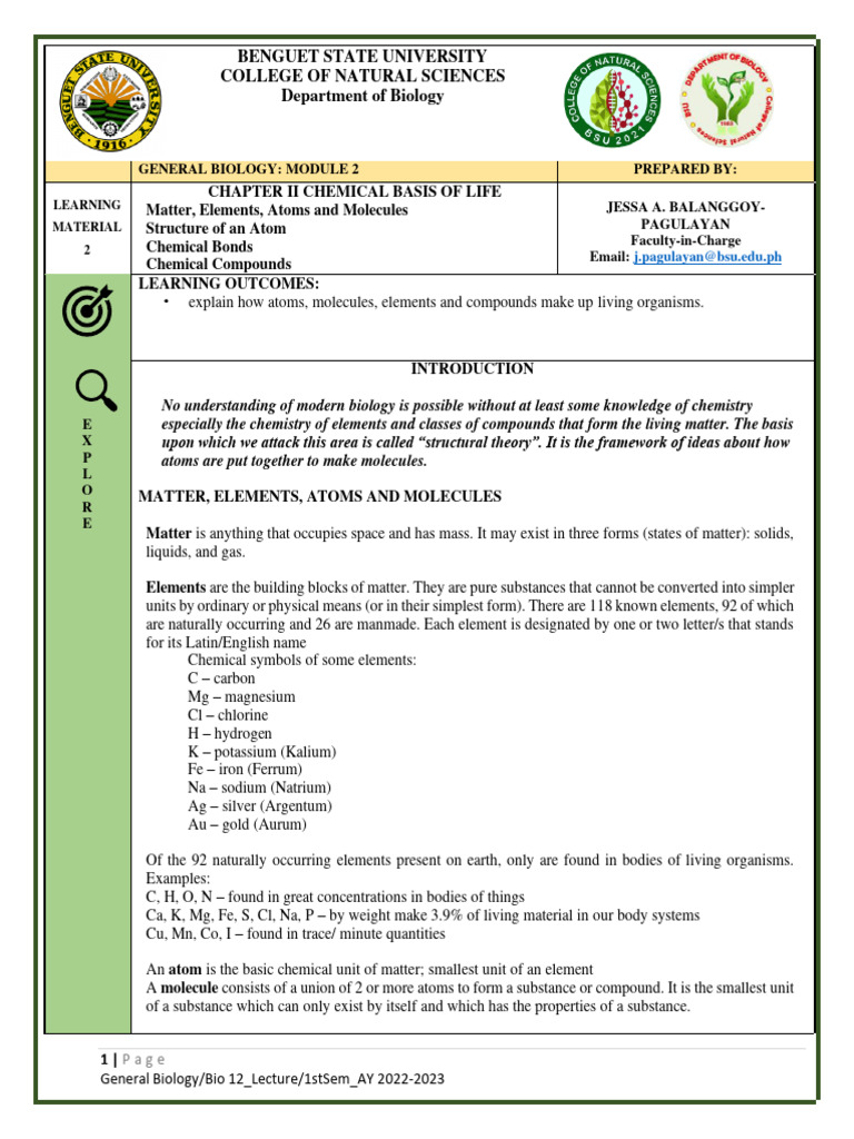 Bio 12 GenBio - Lec - Module 2 | PDF | Chemical Bond | Chemistry