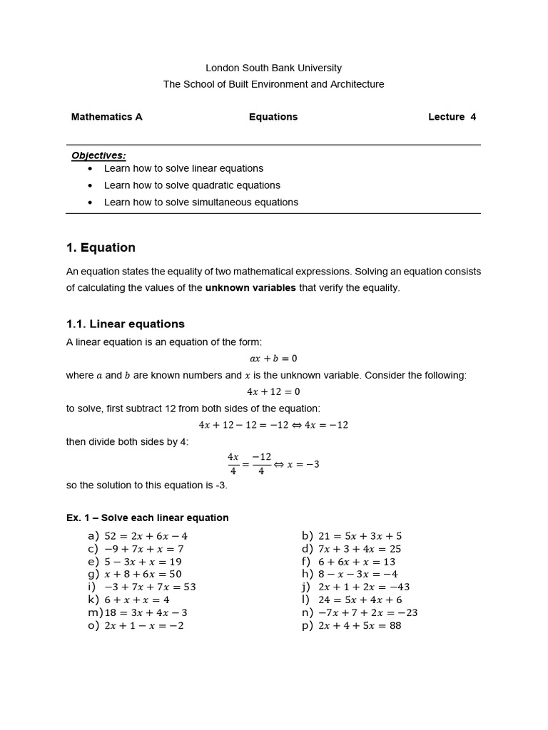 Solving Linear and Quadratic Equations | PDF | Equations | Quadratic ...