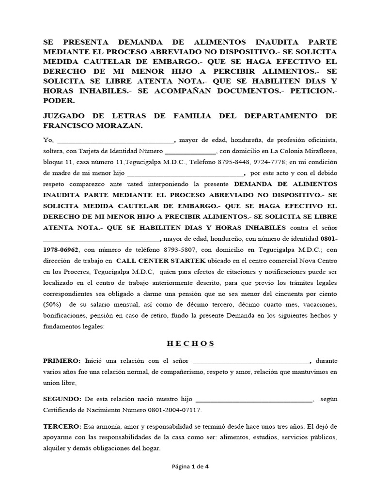 Formato Demanda de Alimentos Inaudita Parte | PDF | Demanda judicial ...
