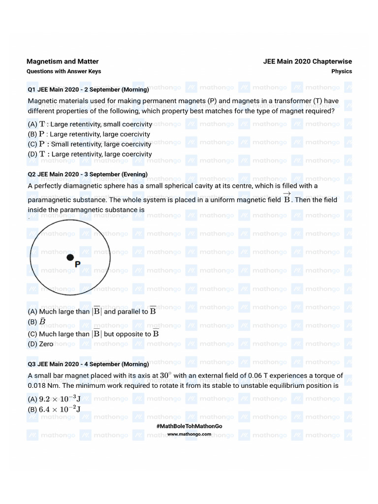 Magnetism and Matter Questions Jee Main 2020 Chapterwise Question Bank ...