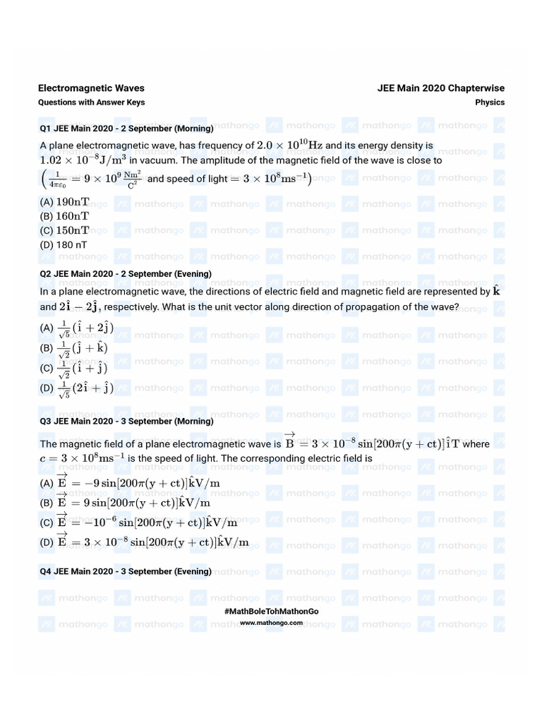 Electromagnetic Waves Questions Jee Main 2020 Chapterwise Question Bank ...