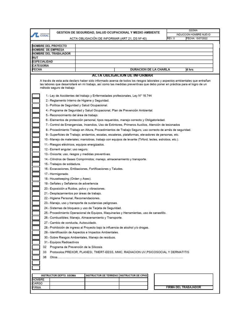 Induccion de Obra Cosal E.domeyko Oficial | PDF | ruido | Seguridad y ...