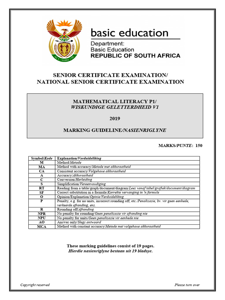 2019 Mathslit P1 May-June Memo Afr & Eng | PDF