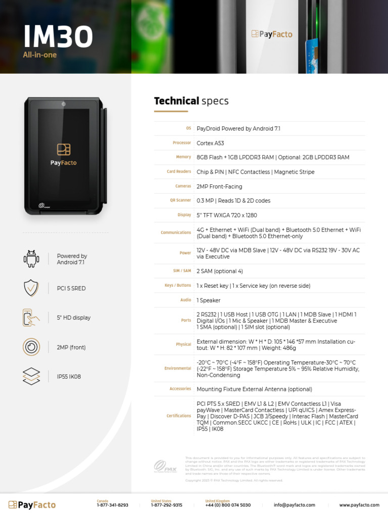 PayFacto PAX IM30 ENG 2 | PDF | Emv | Computer Hardware