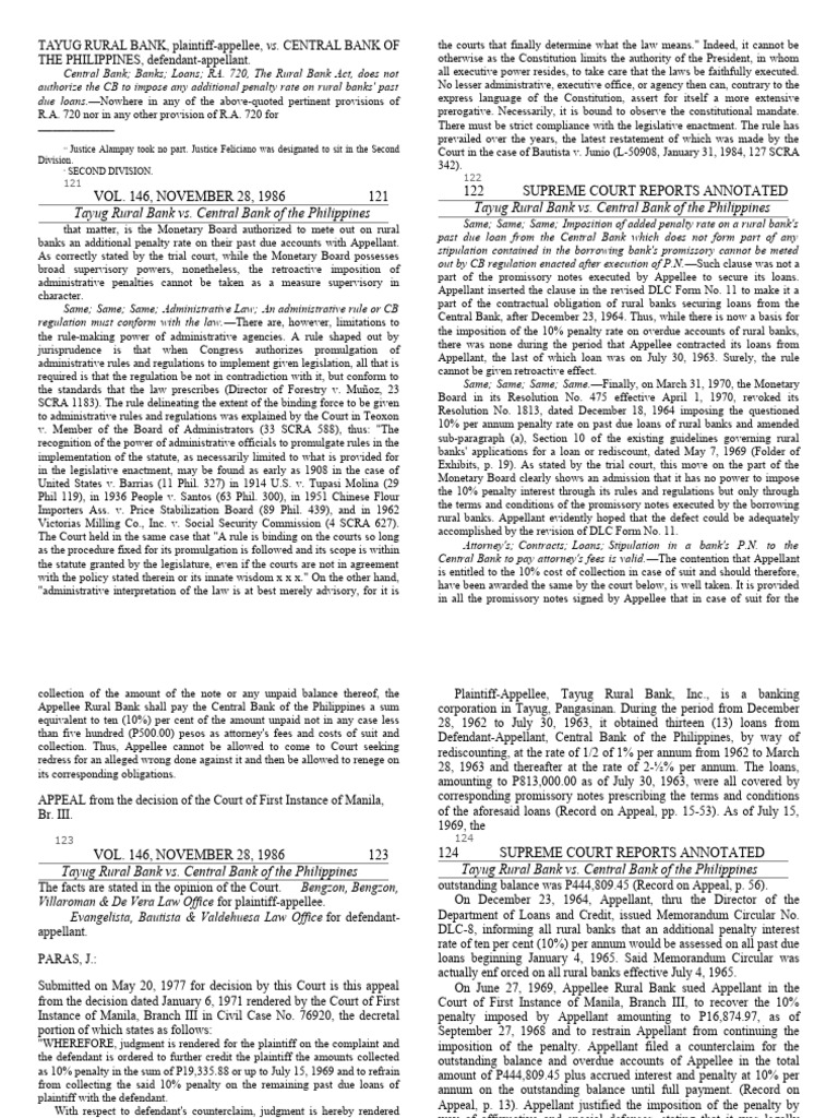 Tayug Rural Bank v. Cental Bank of Phil | PDF | Banks | Loans
